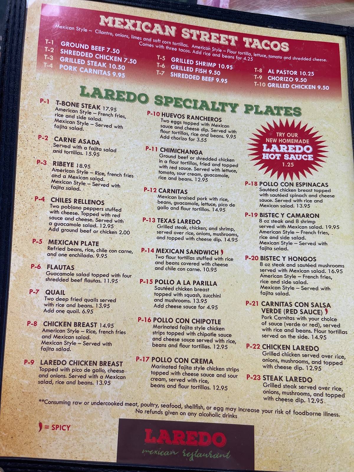 Menu at Laredo's Mexican Restaurant, Macclenny
