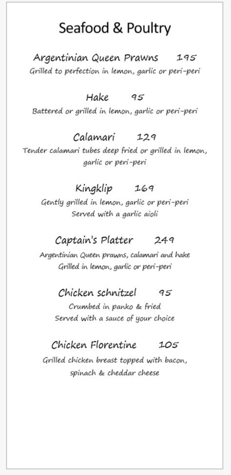 Menu at The Lookout restaurant, Durban