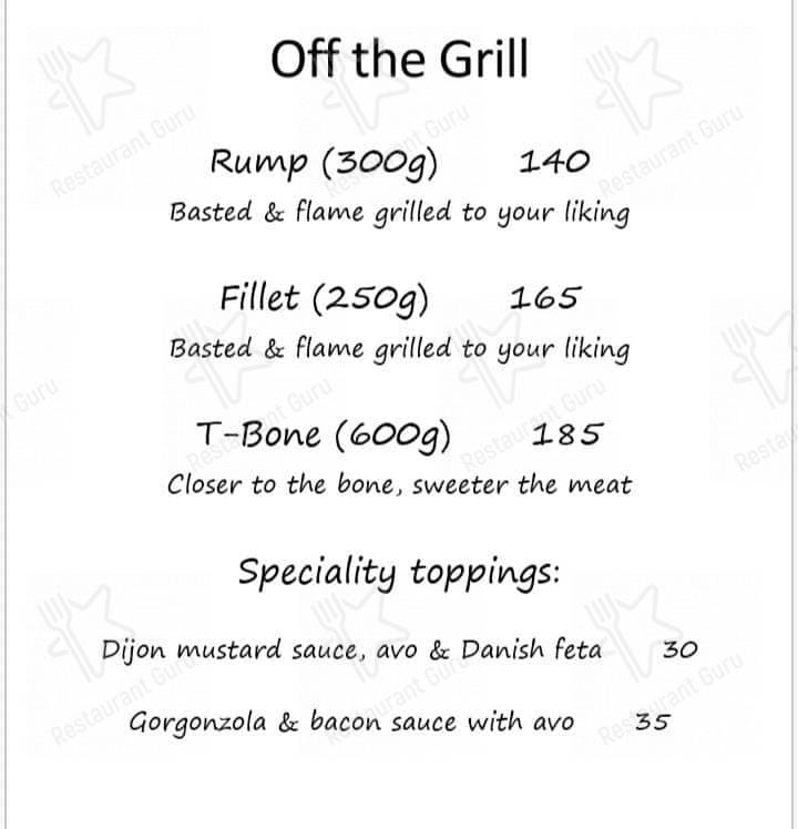 Menu at The Lookout restaurant, Durban