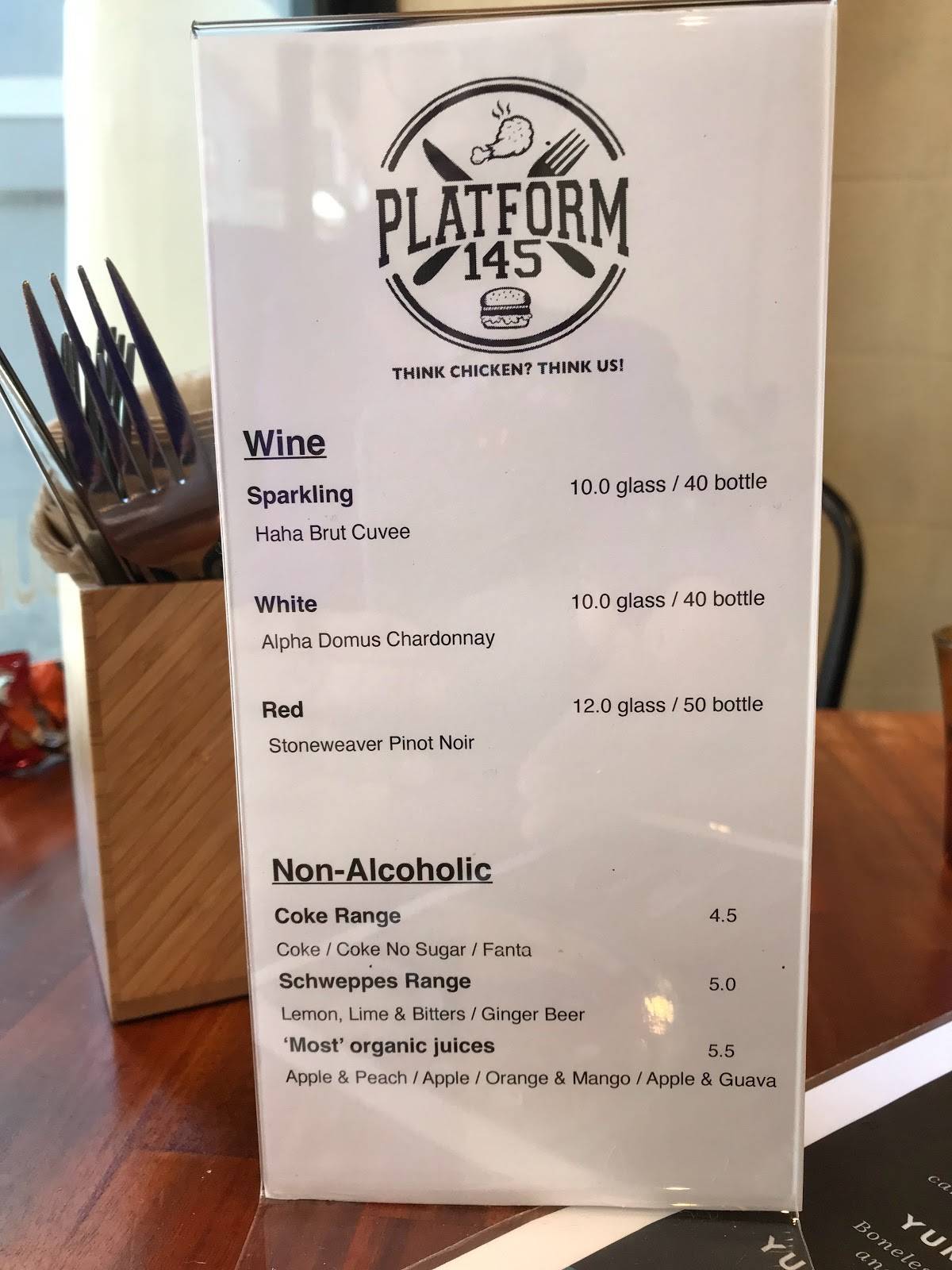 Menu at Platform145 restaurant, Wellington