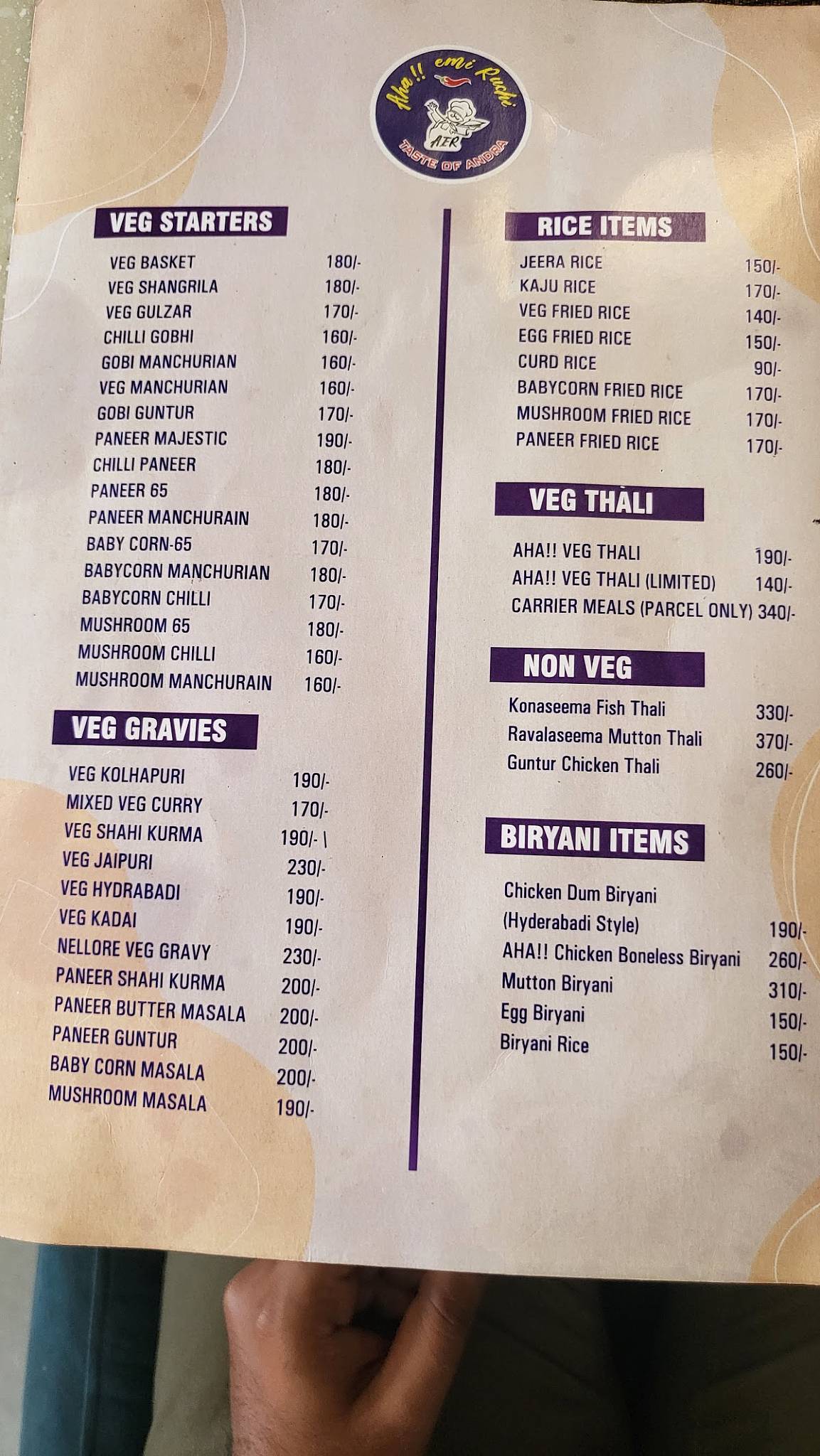 Menu at Aha! Emi Ruchi, Taste of Andhra, Mysuru