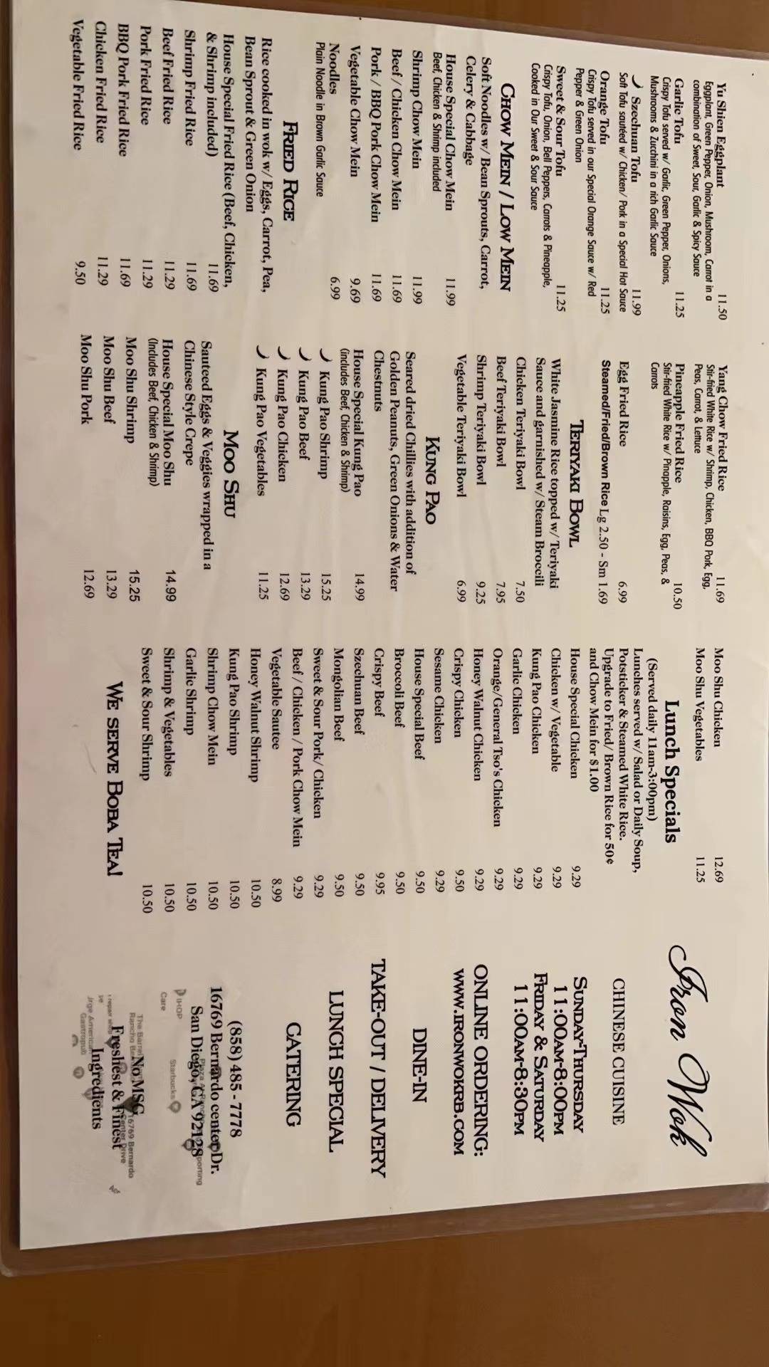 Menu at Iron Wok Asian Cuisine Rancho Bernardo restaurant, San Diego ...