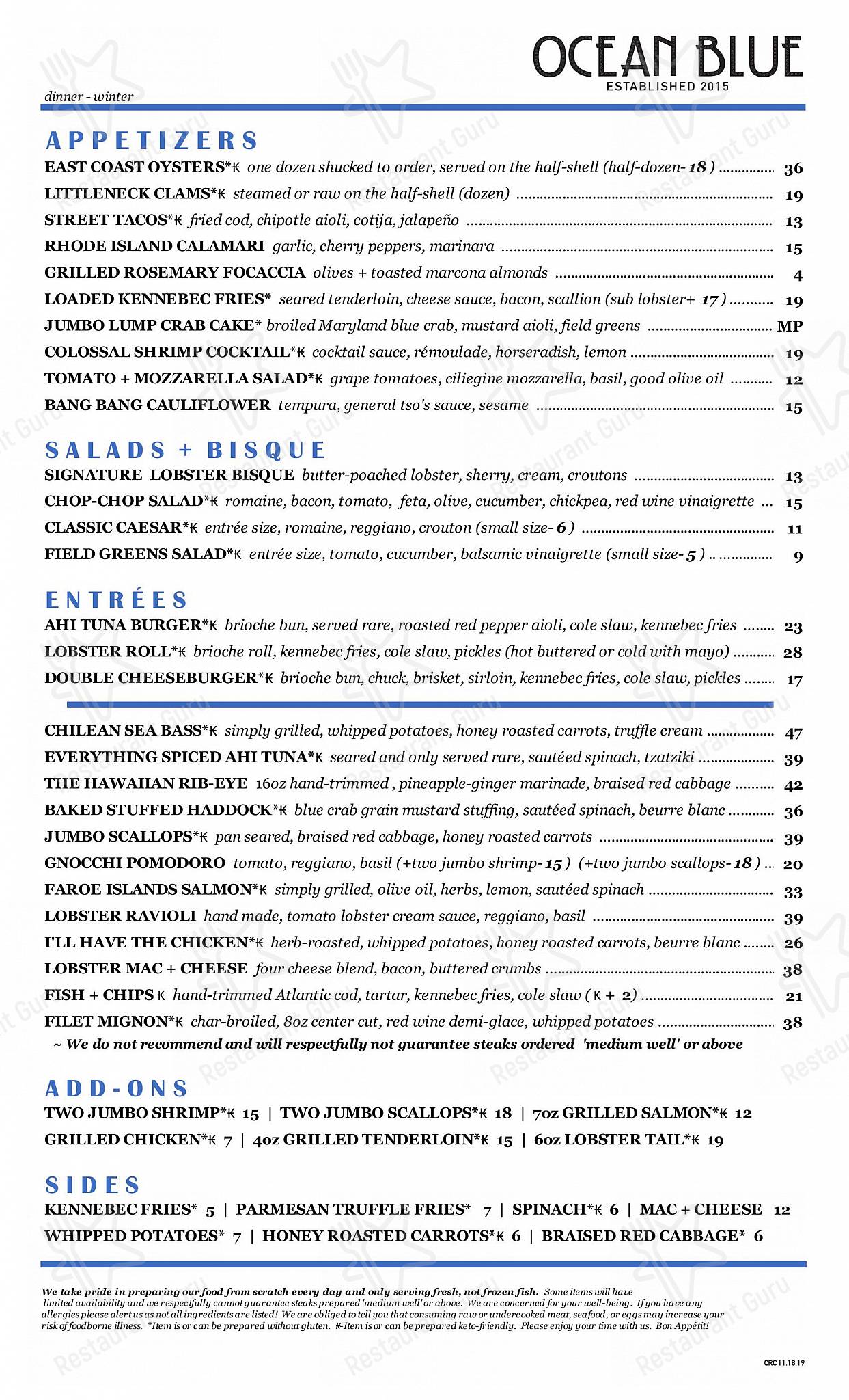 Menu at Ocean Blue Restaurant & Oyster Bar, Utica