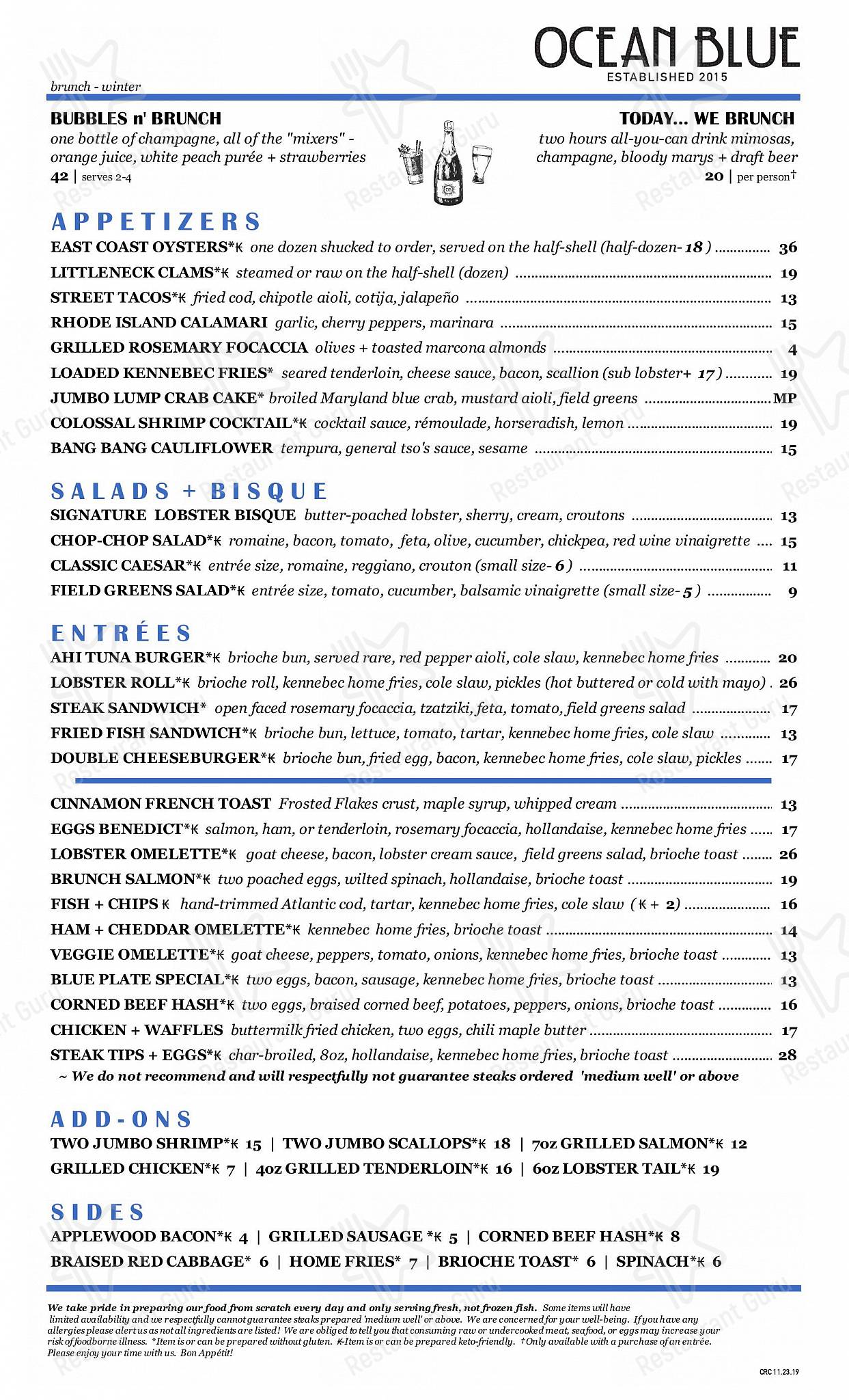 Menu at Ocean Blue Restaurant & Oyster Bar, Utica