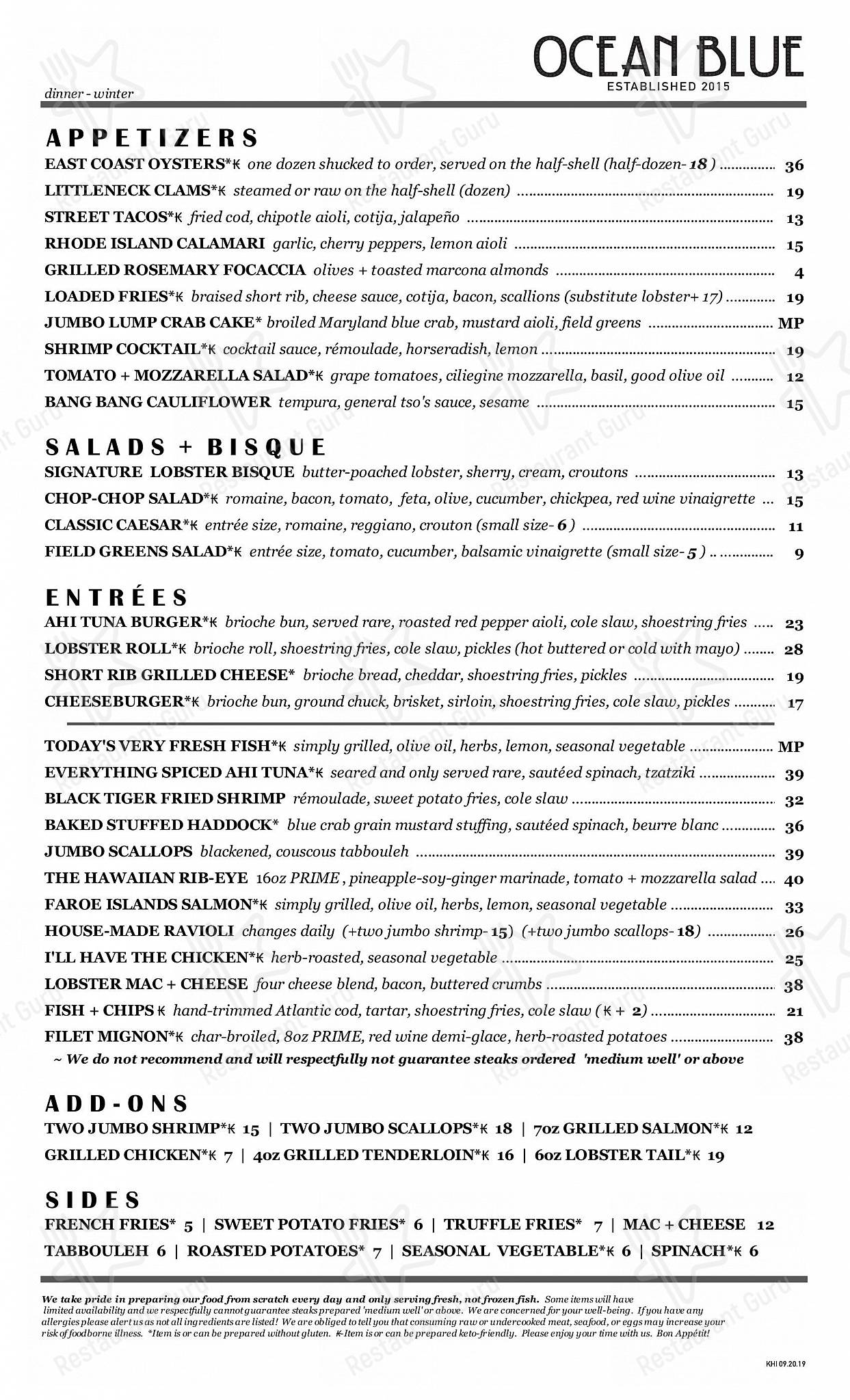 Menu at Ocean Blue Restaurant & Oyster Bar, Utica