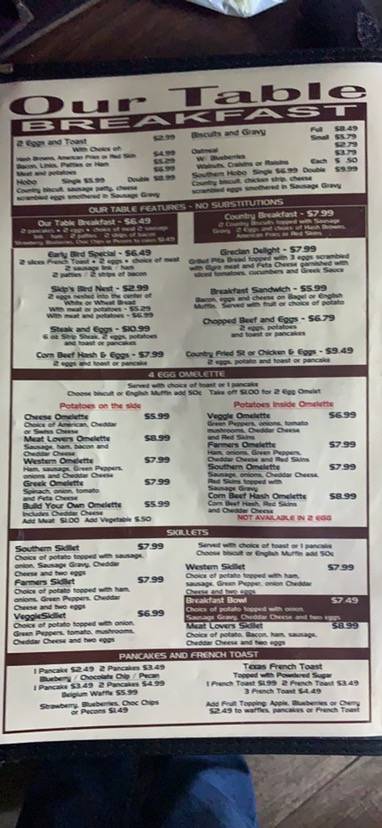 Menu at Our Table Family Restaurant, Otsego