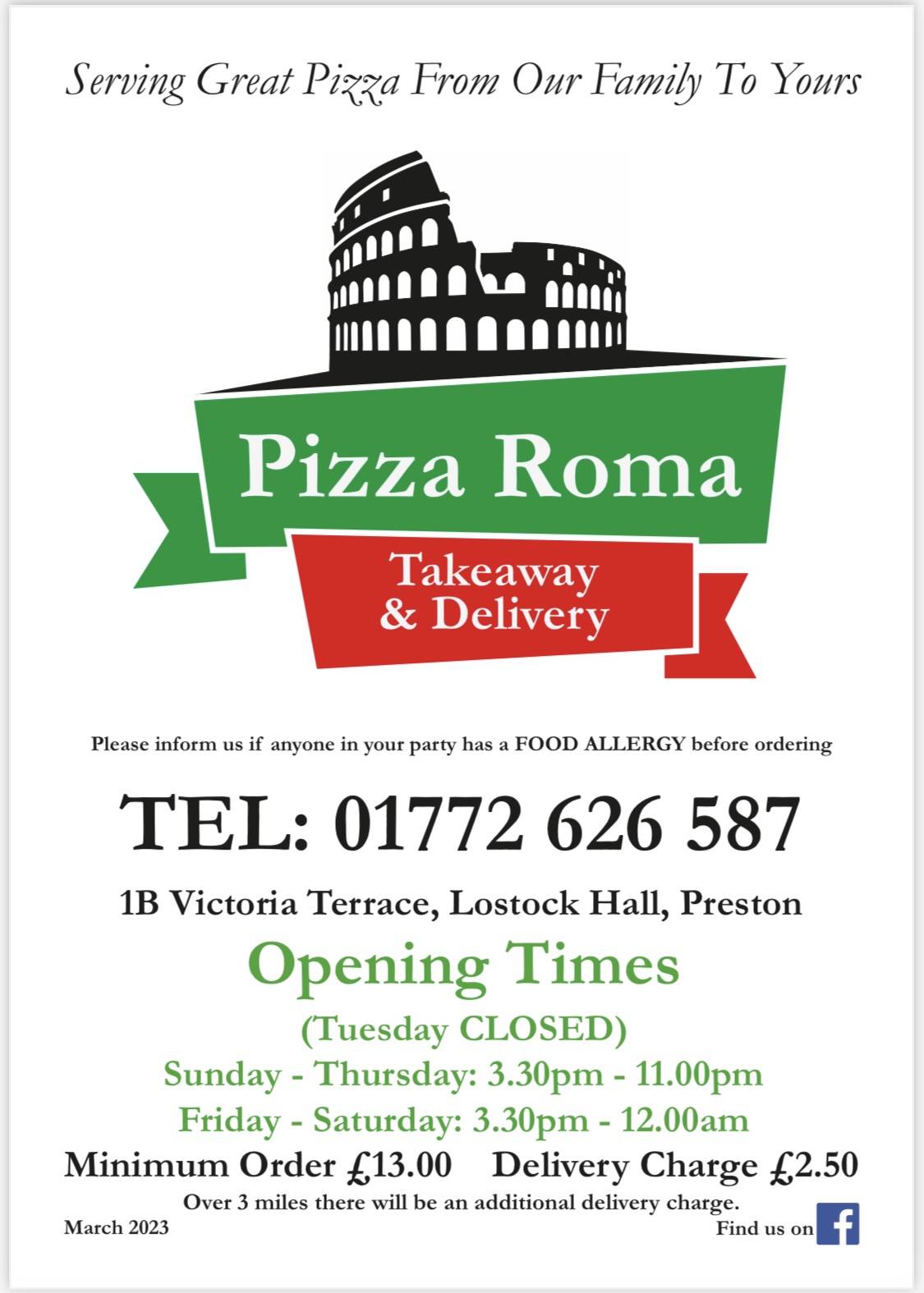 Menu at Pizza Roma Lostockhall fast food, Preston, 1B Victoria St