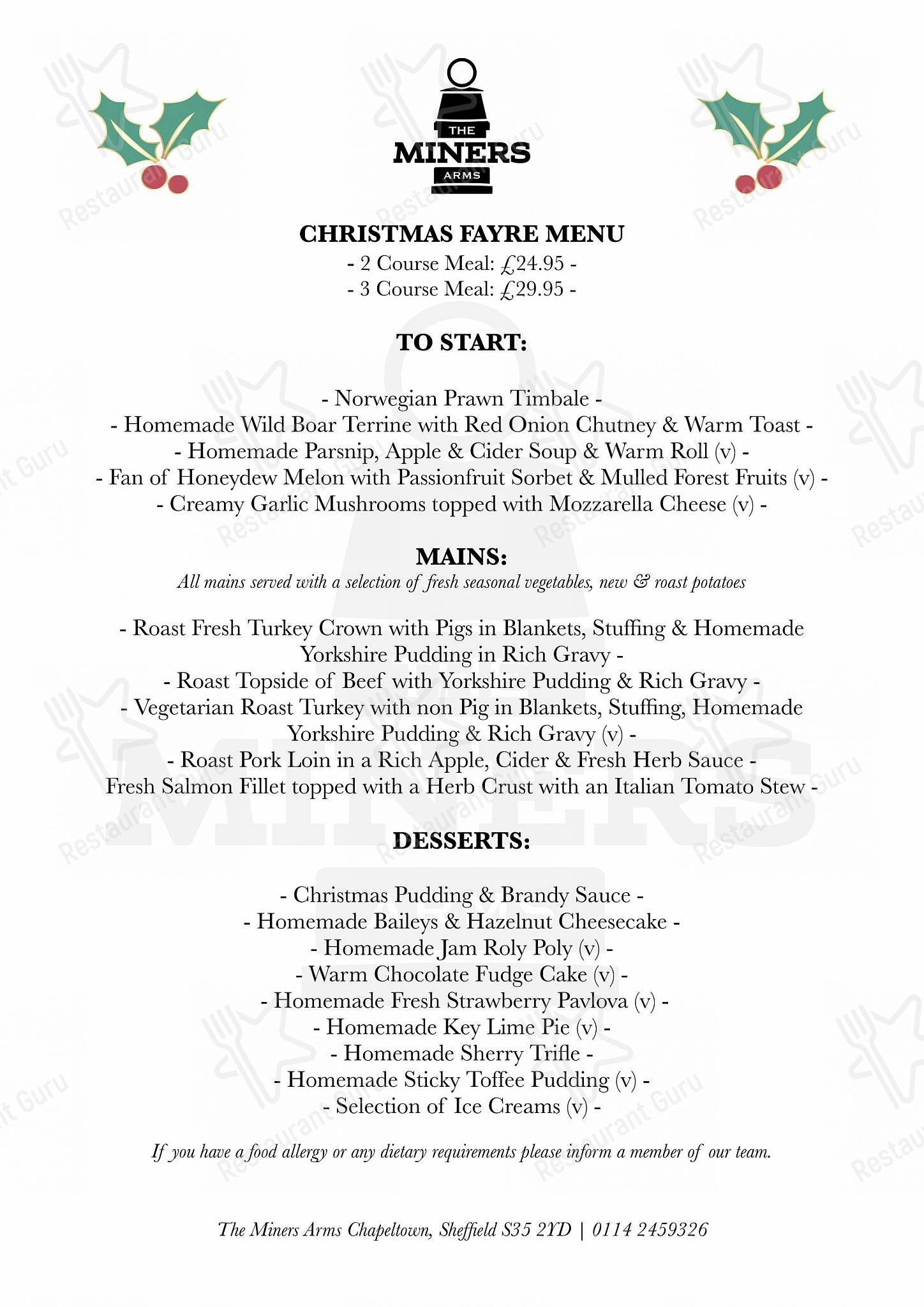 Menu at The Miners Arms Chapeltown restaurant, Sheffield, 125 Warren Ln