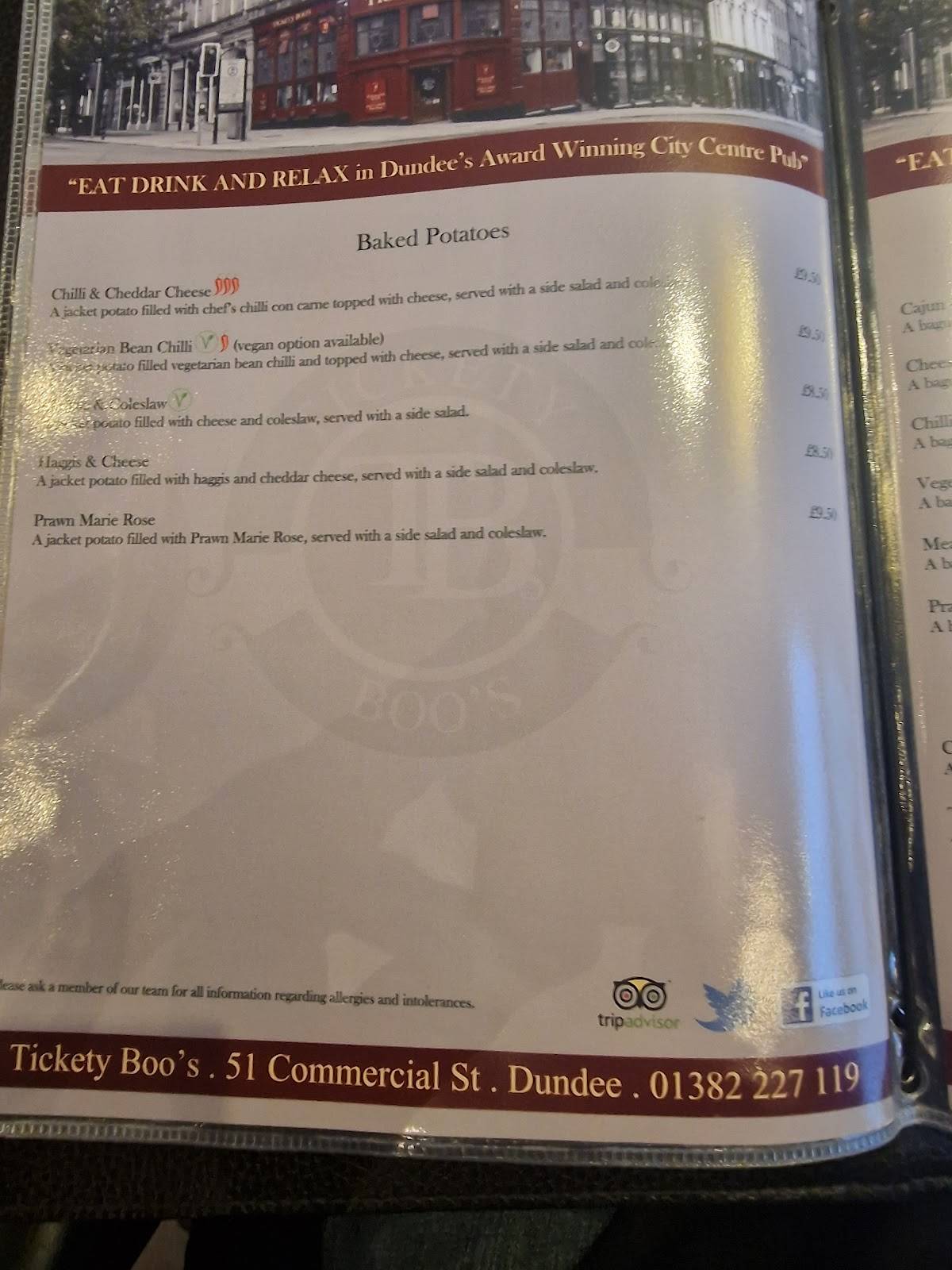 Menu at Tickety Boo's pub & bar, Dundee