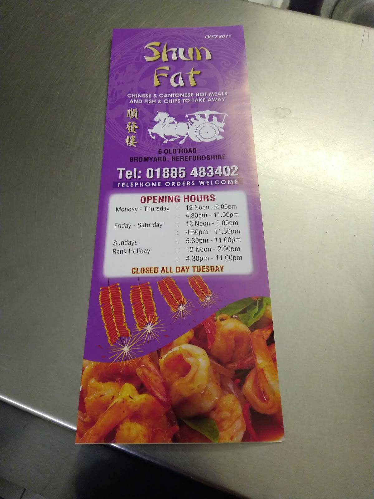 Menu at Shun Fat fast food, Bromyard