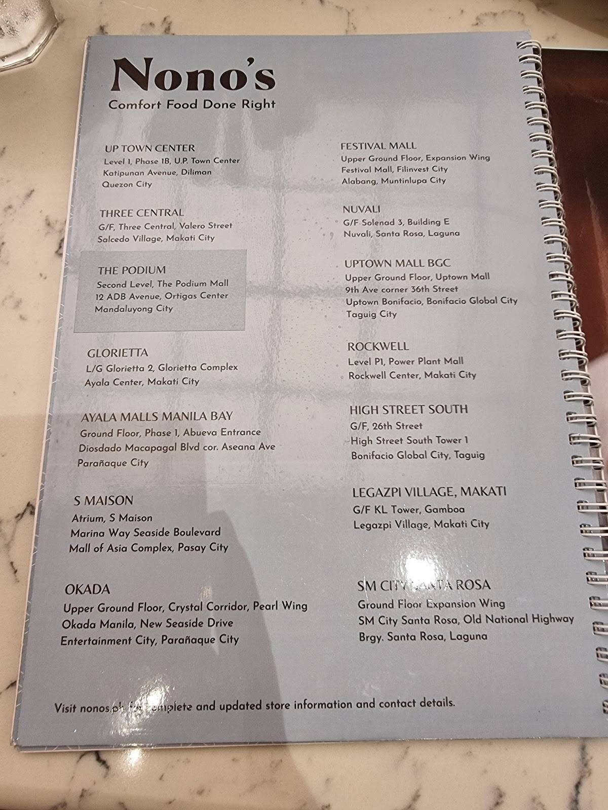 Menu at Nono’s restaurant, Taguig