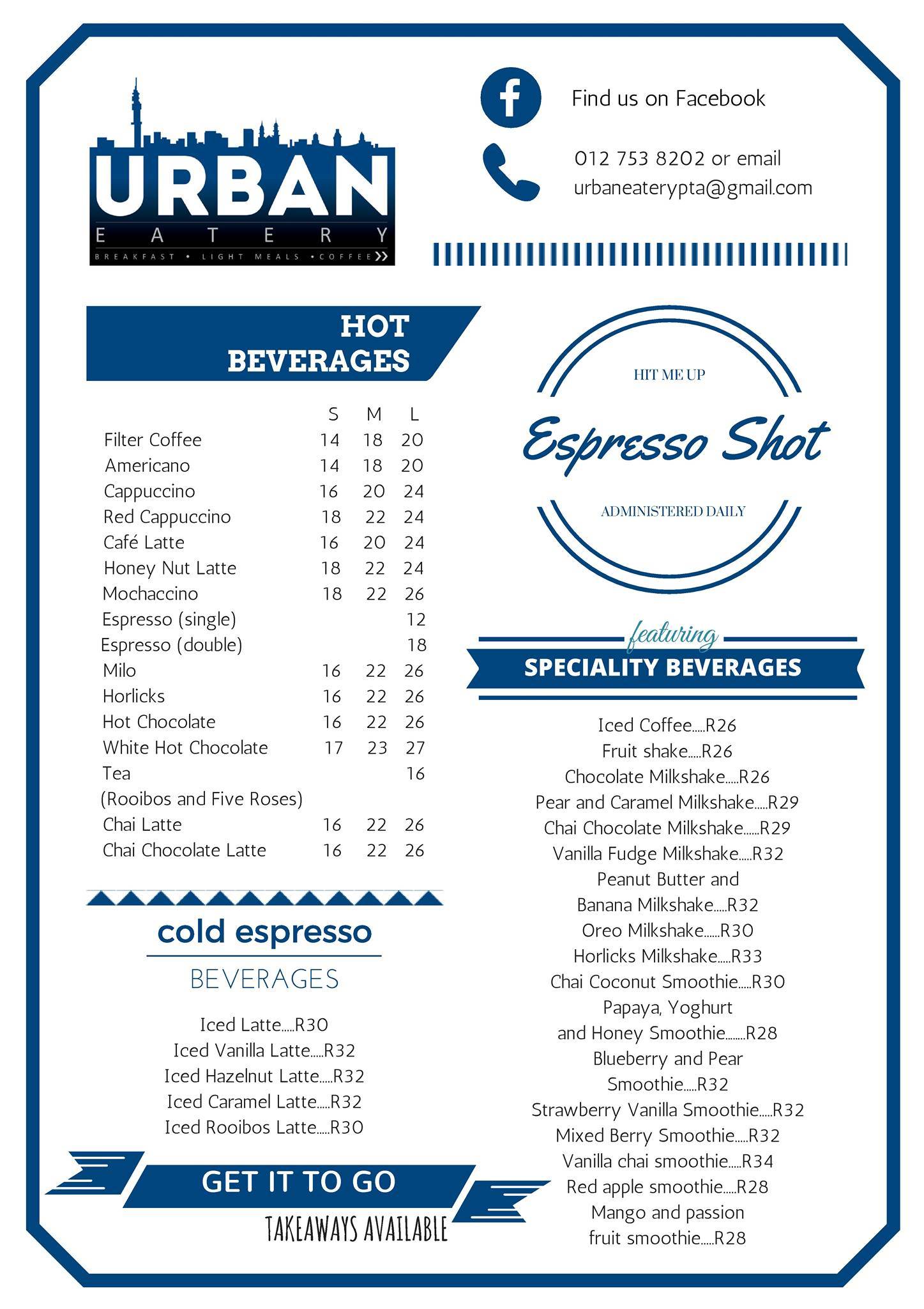 Speisekarte von Urban Eatery restaurant, Pretoria