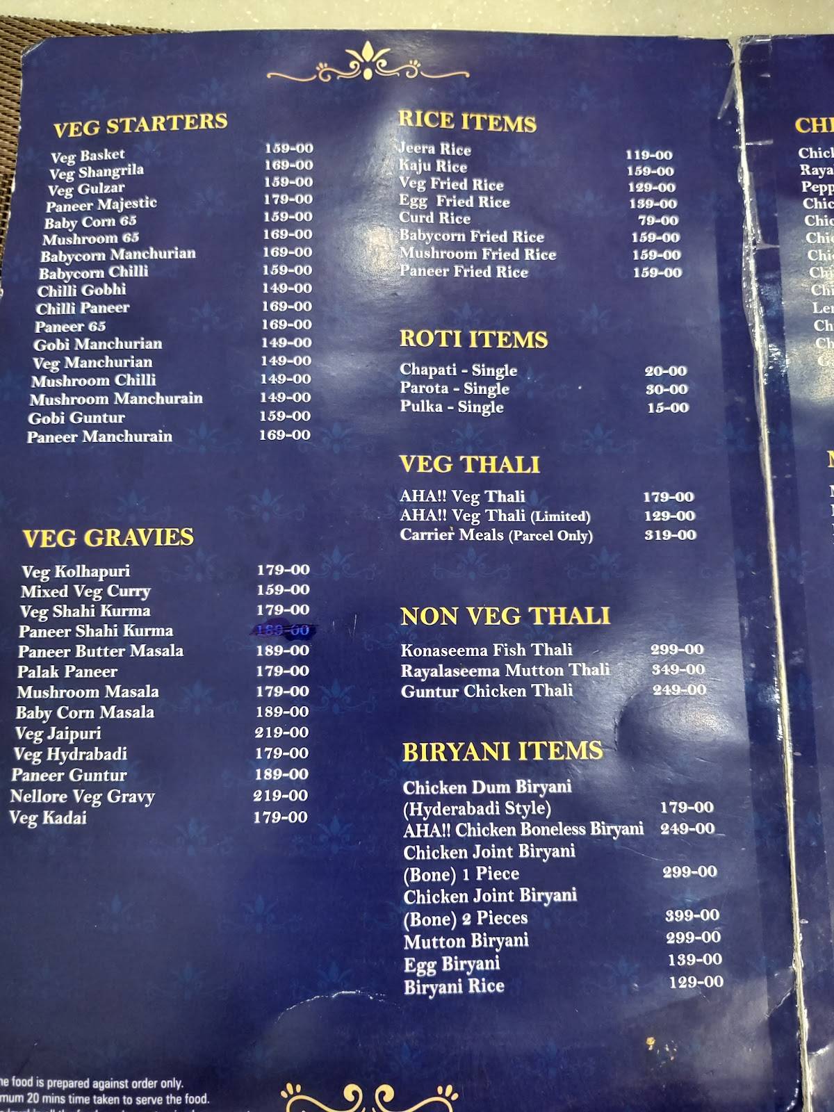 Menu at Aha! Emi Ruchi, Taste of Andhra, Mysuru