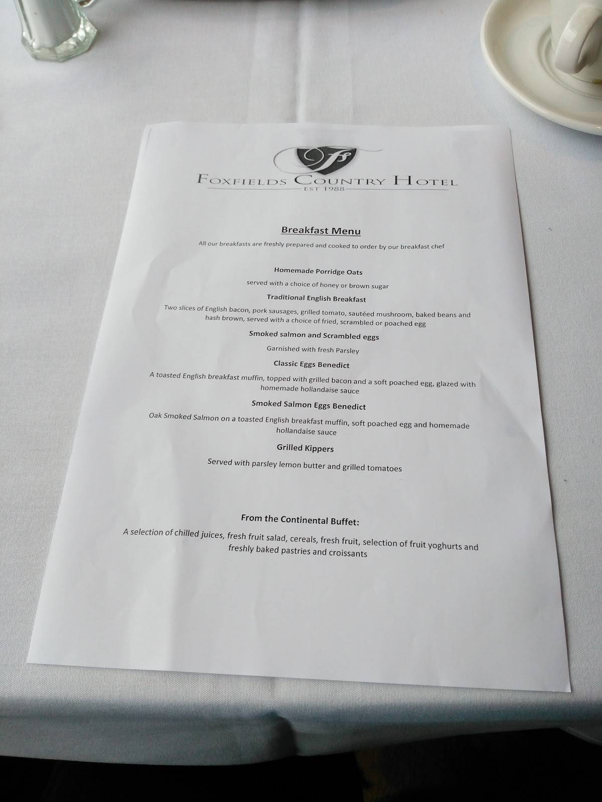 Menu at Foxfields Country Hotel restaurant, Billington