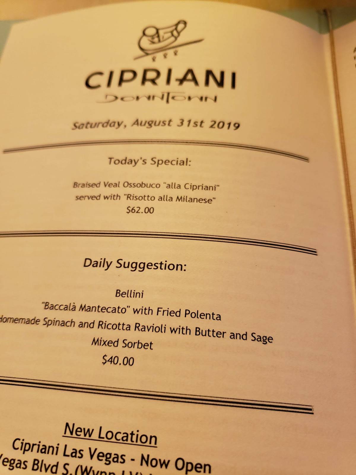 Menu at Cipriani Downtown New York City restaurant, New York City, 376 ...