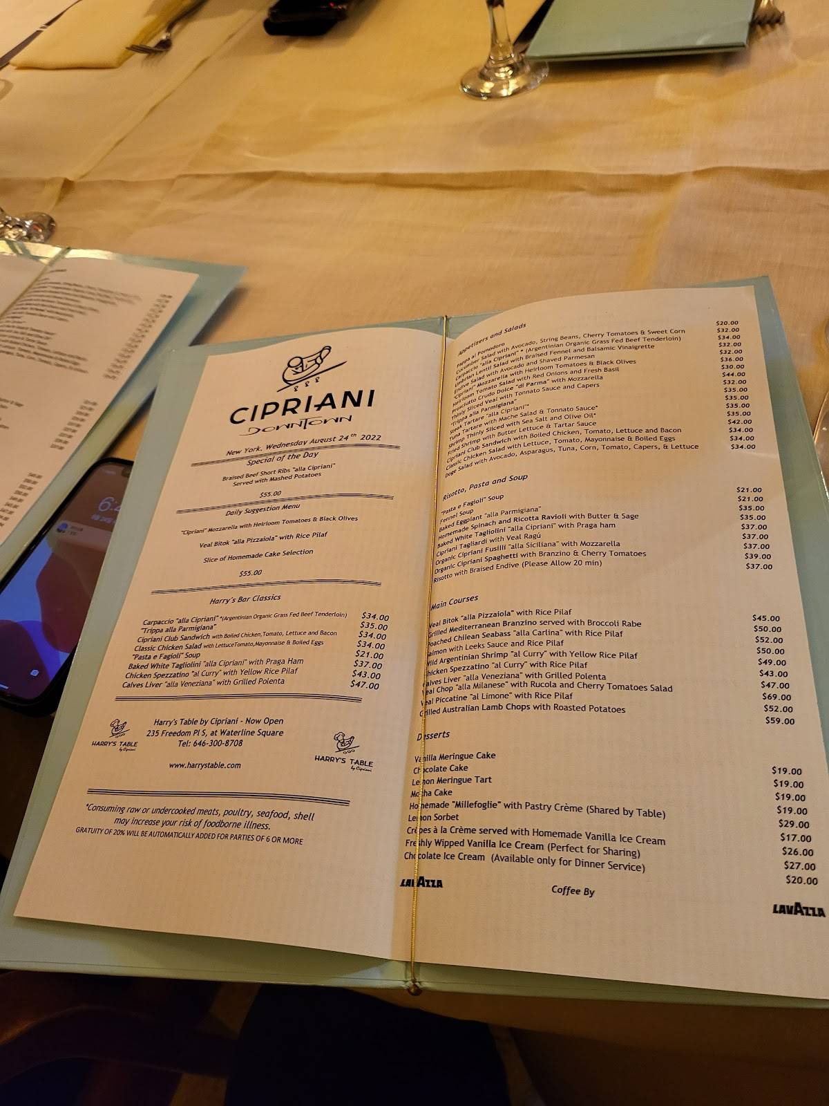 Menu at Cipriani Downtown New York City restaurant, New York City, 376 ...