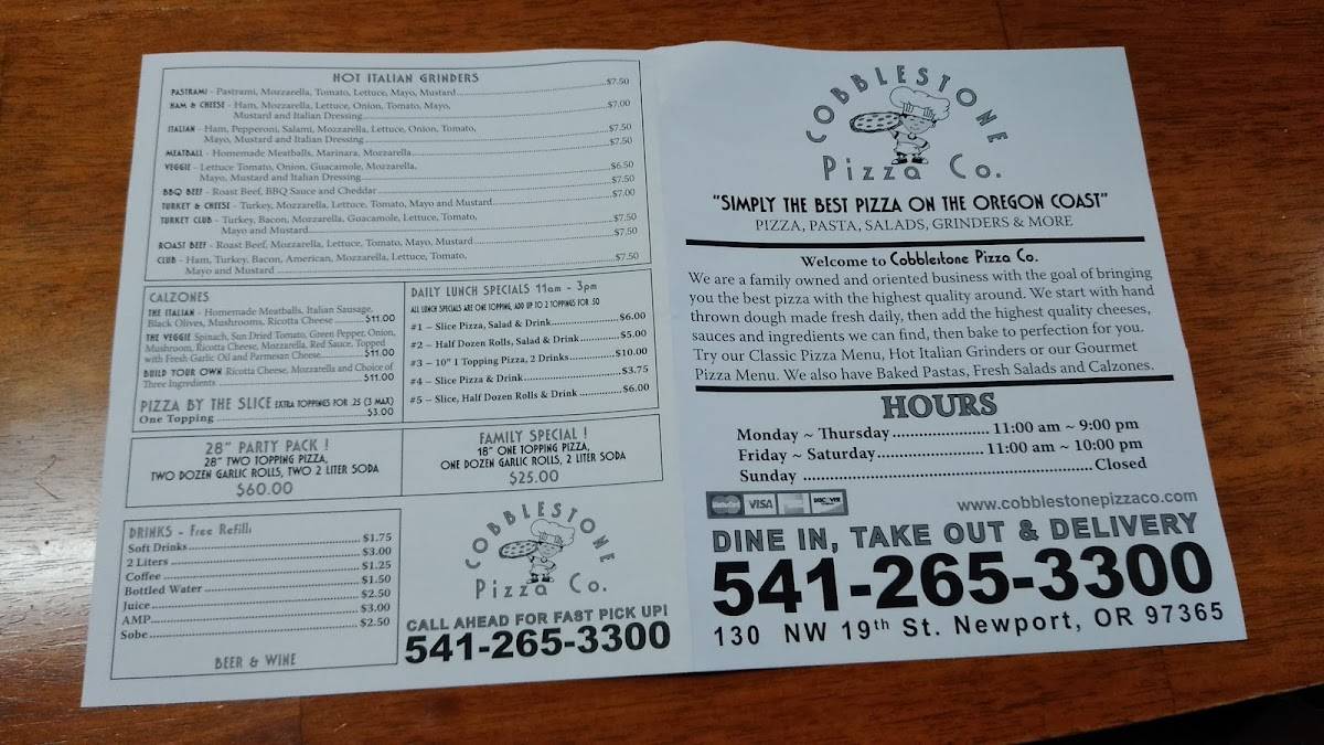 Menu at Cobblestone Pizza Co. pizzeria, Newport