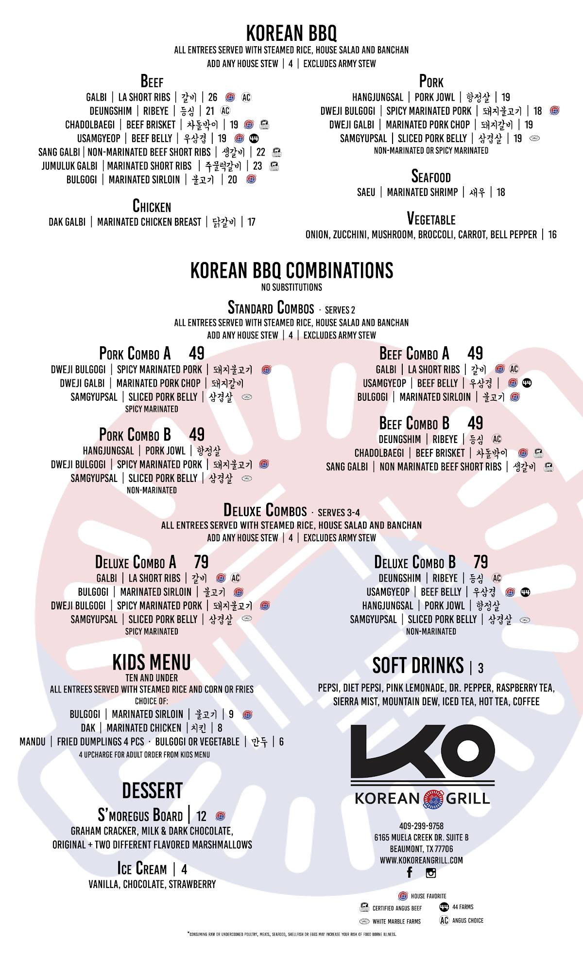 Menu at KO Korean Grill BBQ, Beaumont, Meula Creek Dr STE B