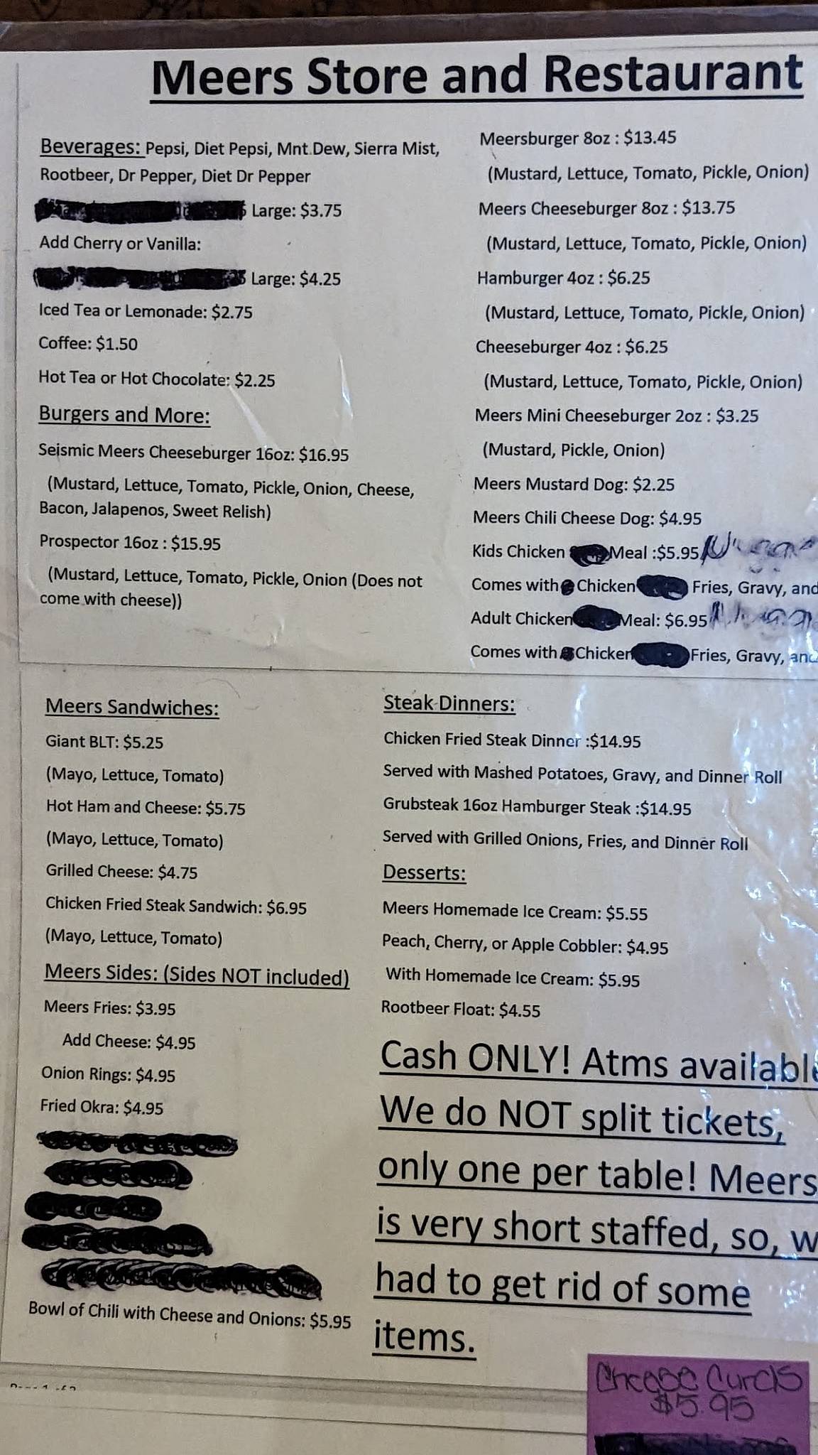 Menu at Meers Store and Restaurant, Meers