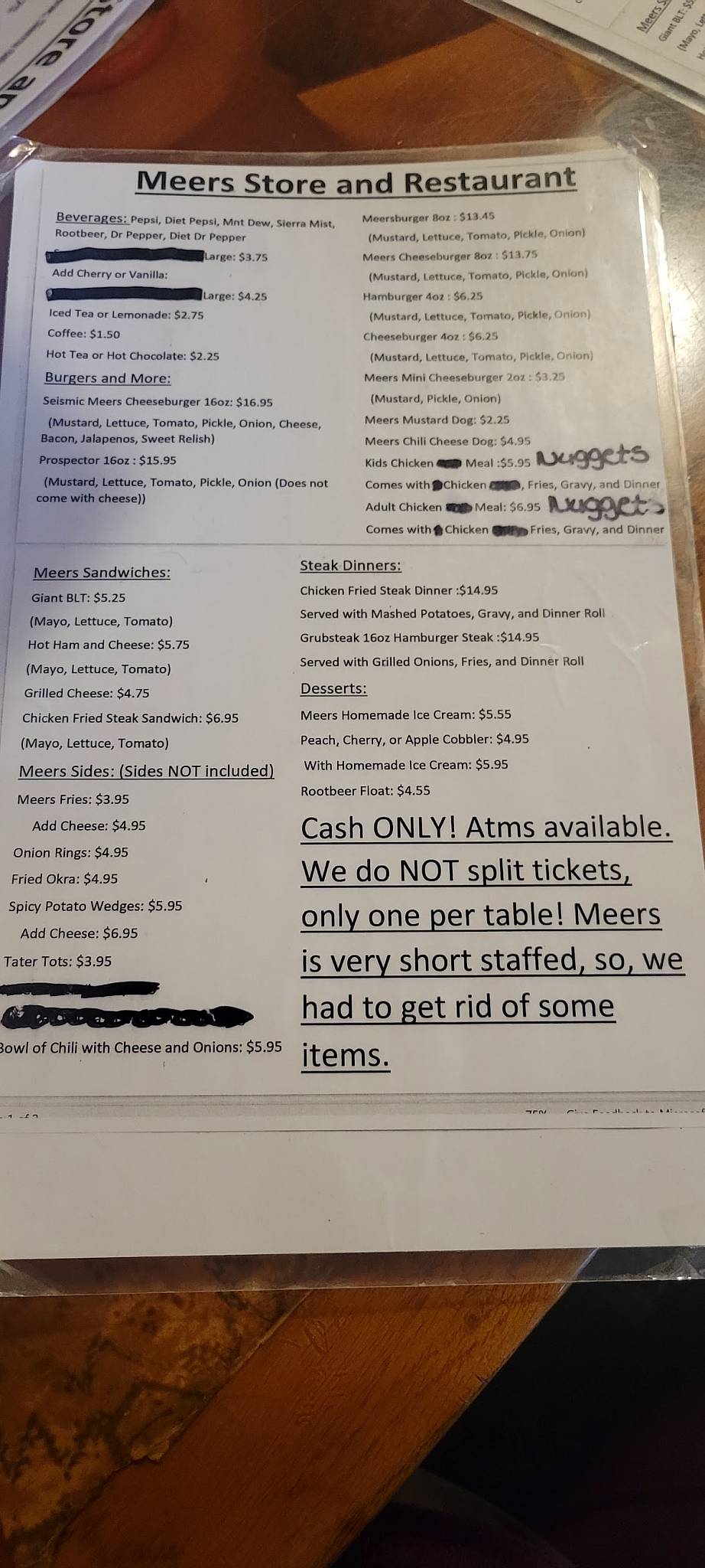 Menu at Meers Store and Restaurant, Meers