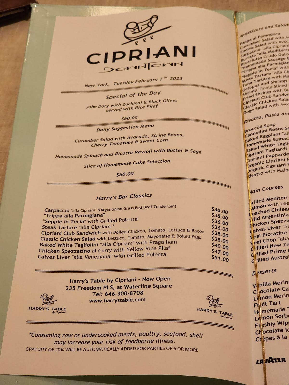 Menu at Cipriani Downtown New York City restaurant, New York City, 376 ...