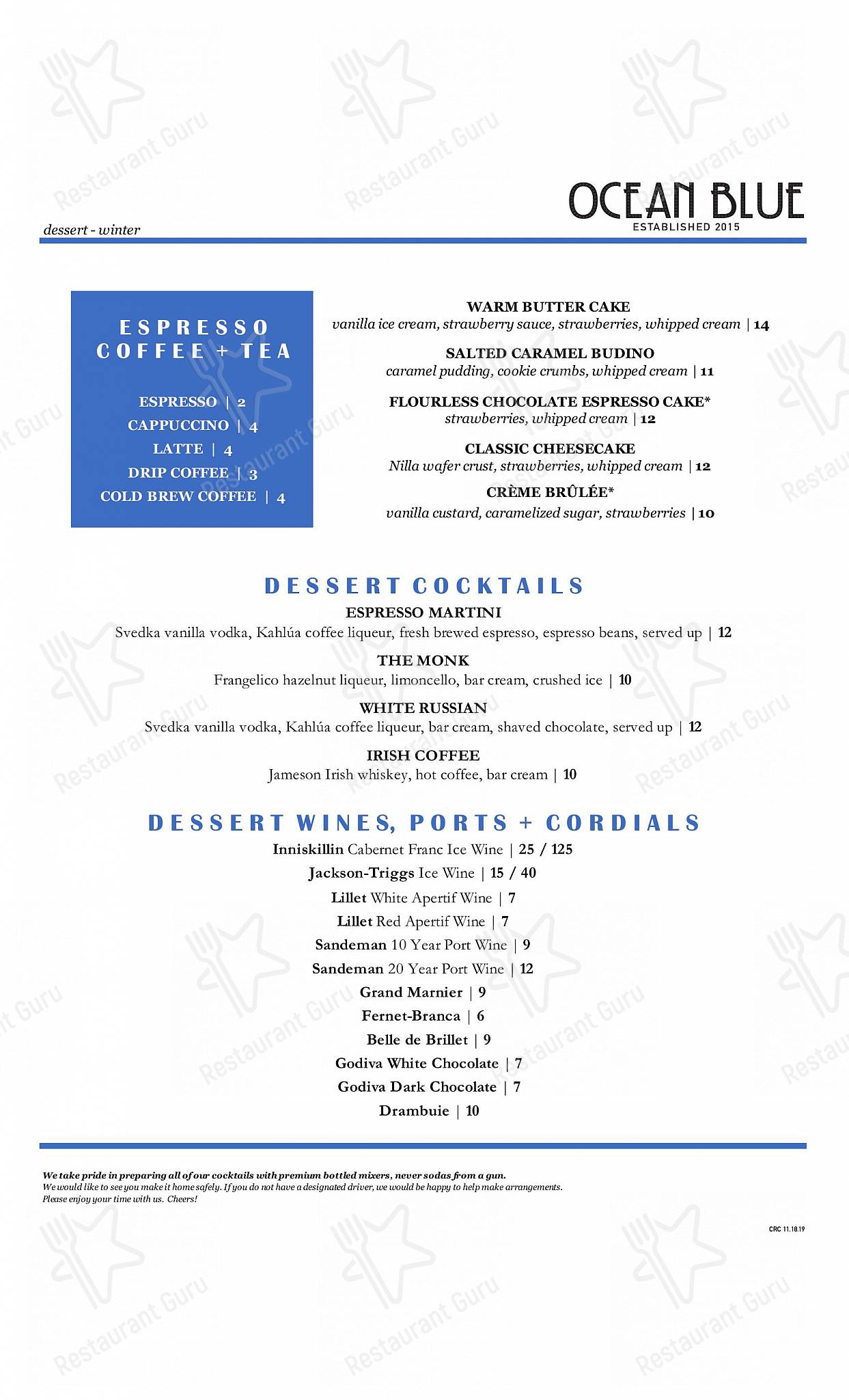 Menu at Ocean Blue Restaurant & Oyster Bar, Utica