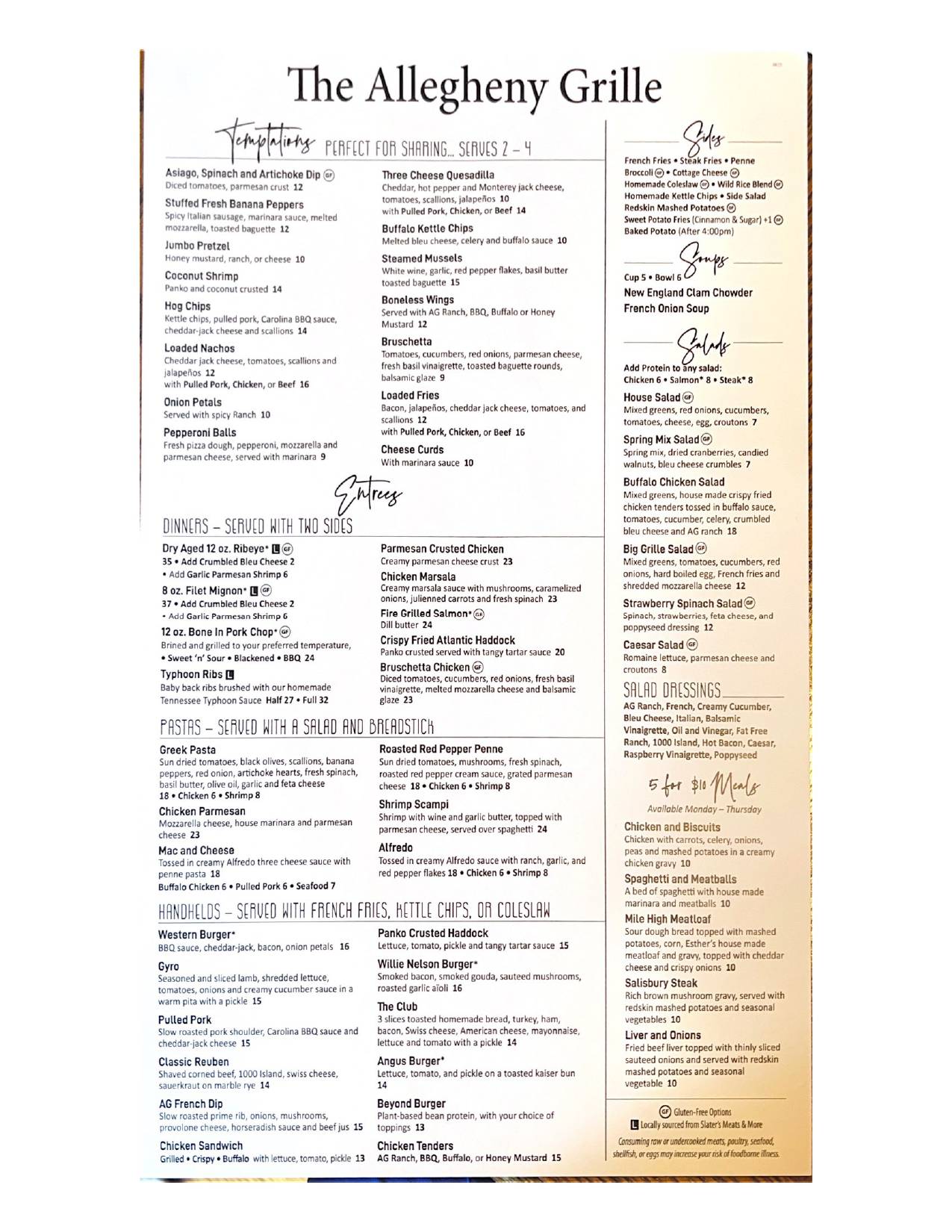 Menu at Allegheny Grille pub & bar, Foxburg