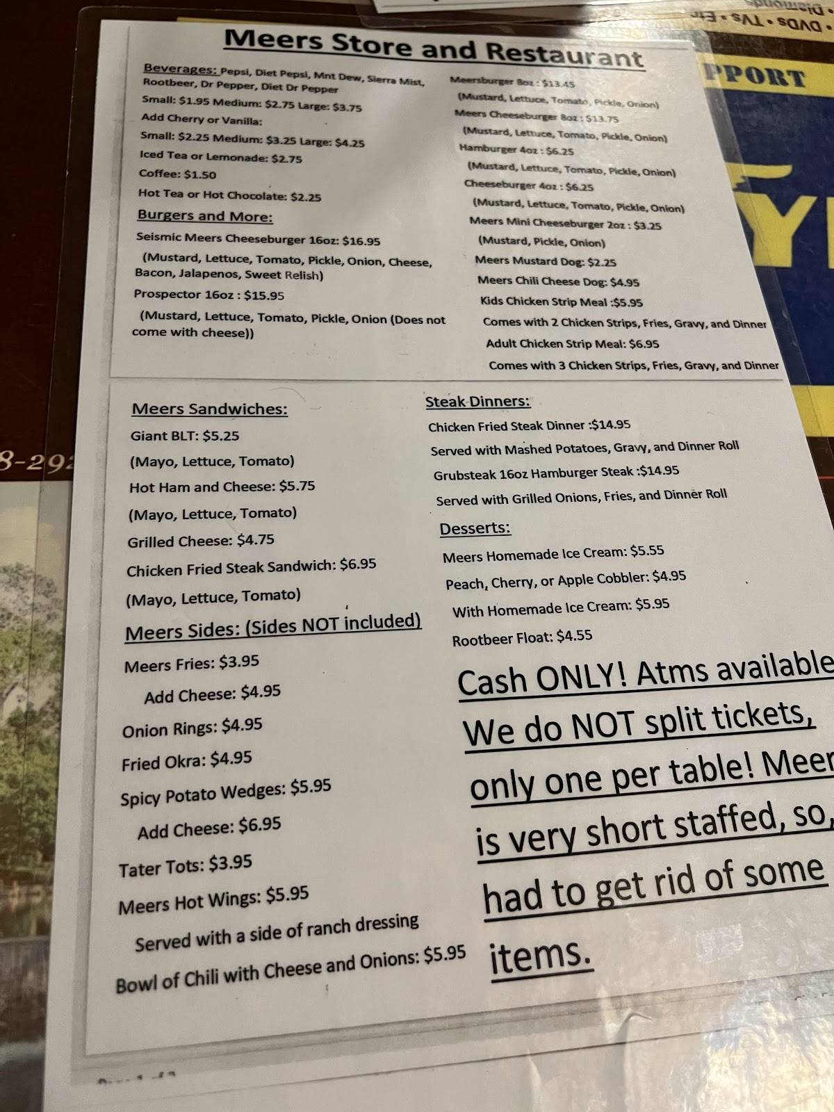 Menu at Meers Store and Restaurant, Meers