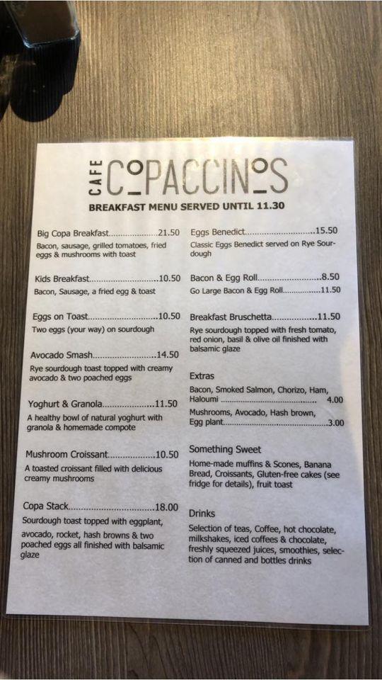 Menu at Copa Beachside Cafe, Copacabana