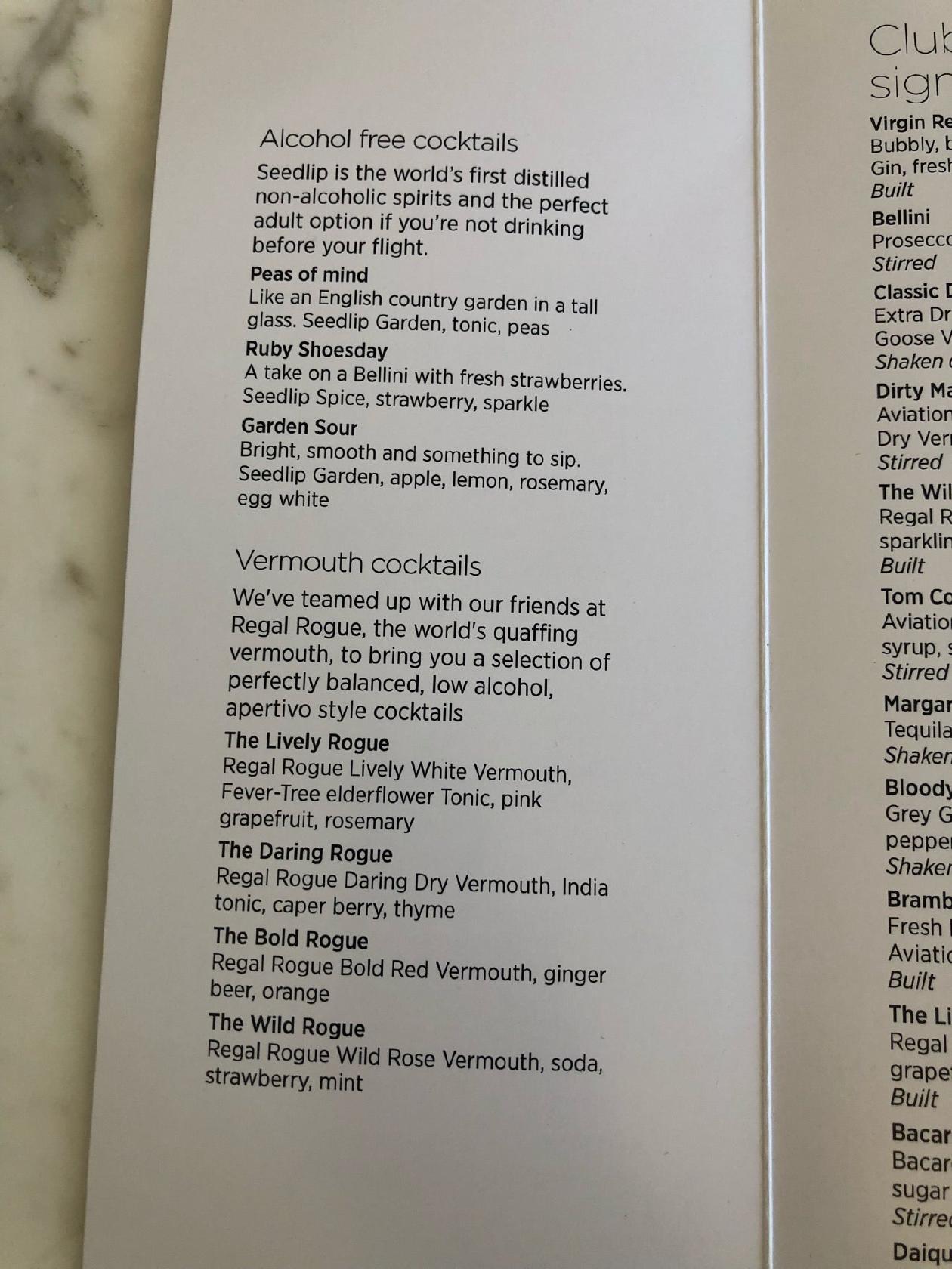 Menu at Virgin Atlantic Clubhouse Lounge, Los Angeles