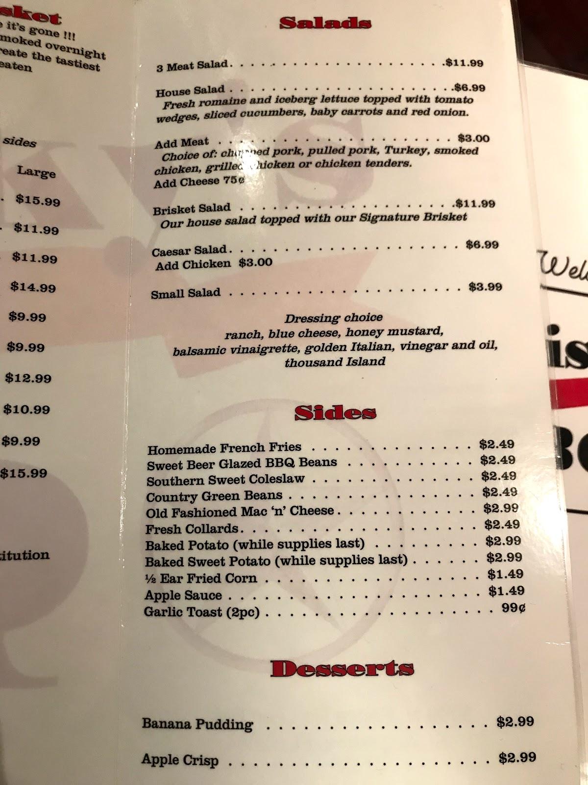 Menu at Brisky's BBQ, St. Augustine
