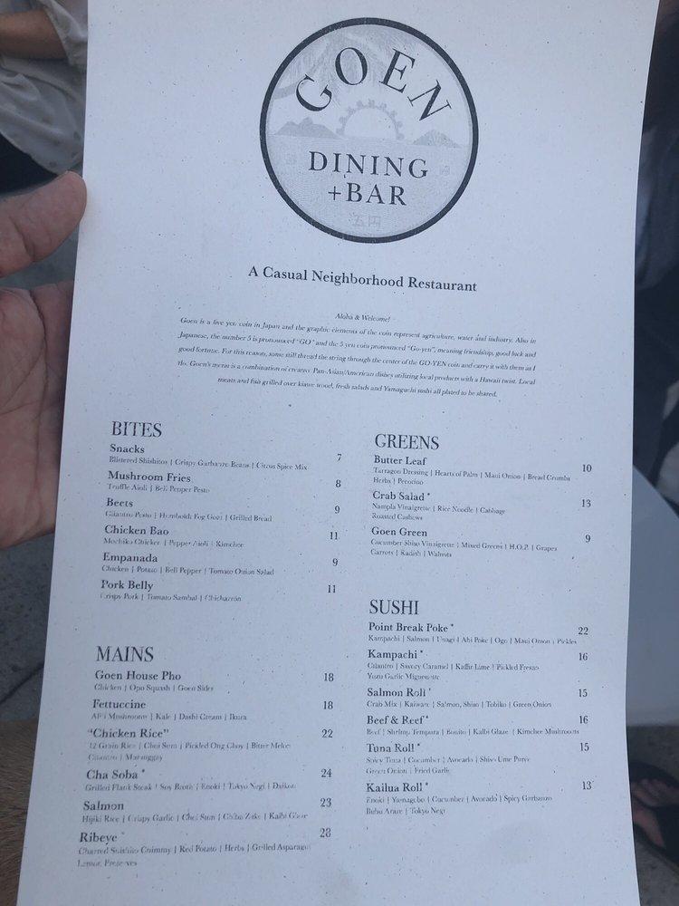 Menu at GOEN Dining + Bar, Kailua