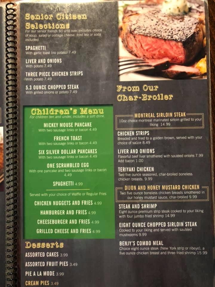 Menu at Benjy's Restaurant, Washington