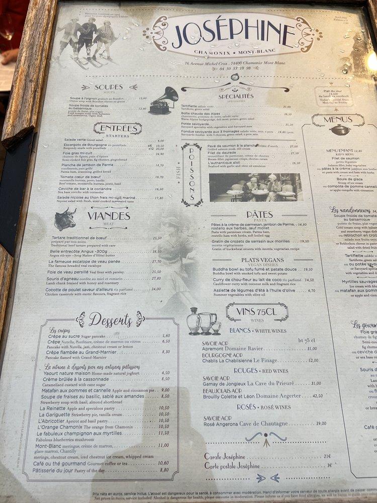 Menu at Josephine Restaurant, Chamonix