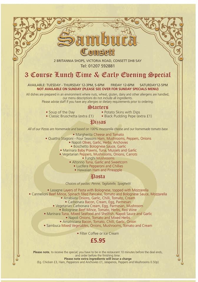 Menu at Sambuca Consett restaurant, Consett