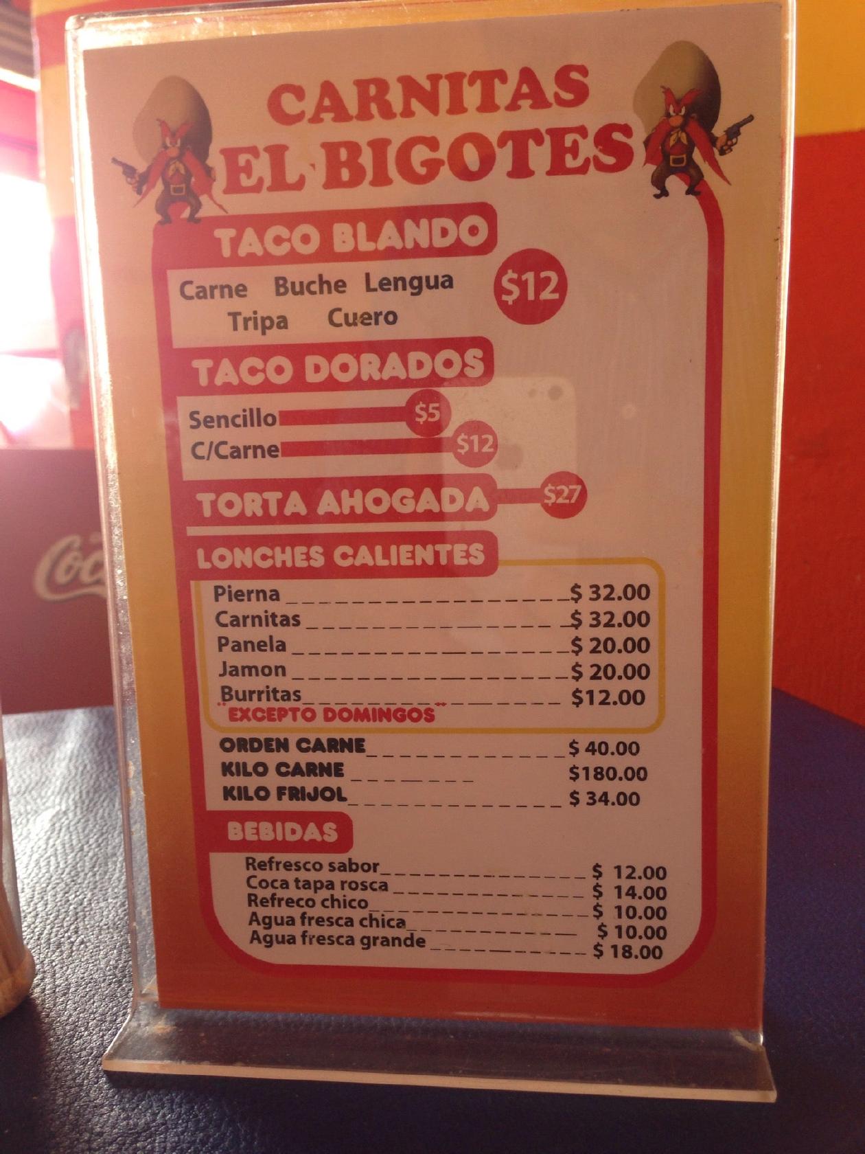 Carta Del Restaurante Carnitas El Bigotes Guadalajara