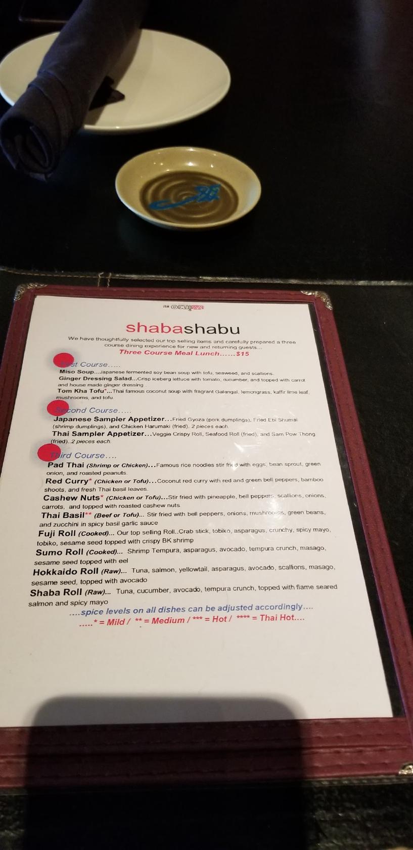 Carta del restaurante ShabaShabu, Raleigh