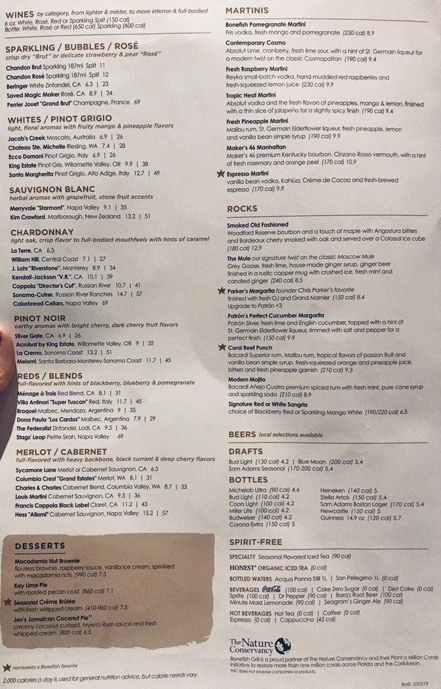 Menu at Bonefish Grill restaurant, Huntsville