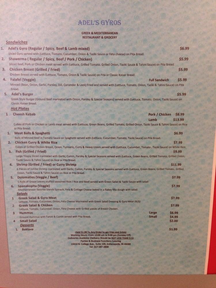 Menu at Adel's Gyros Pub & Grill, Indianapolis