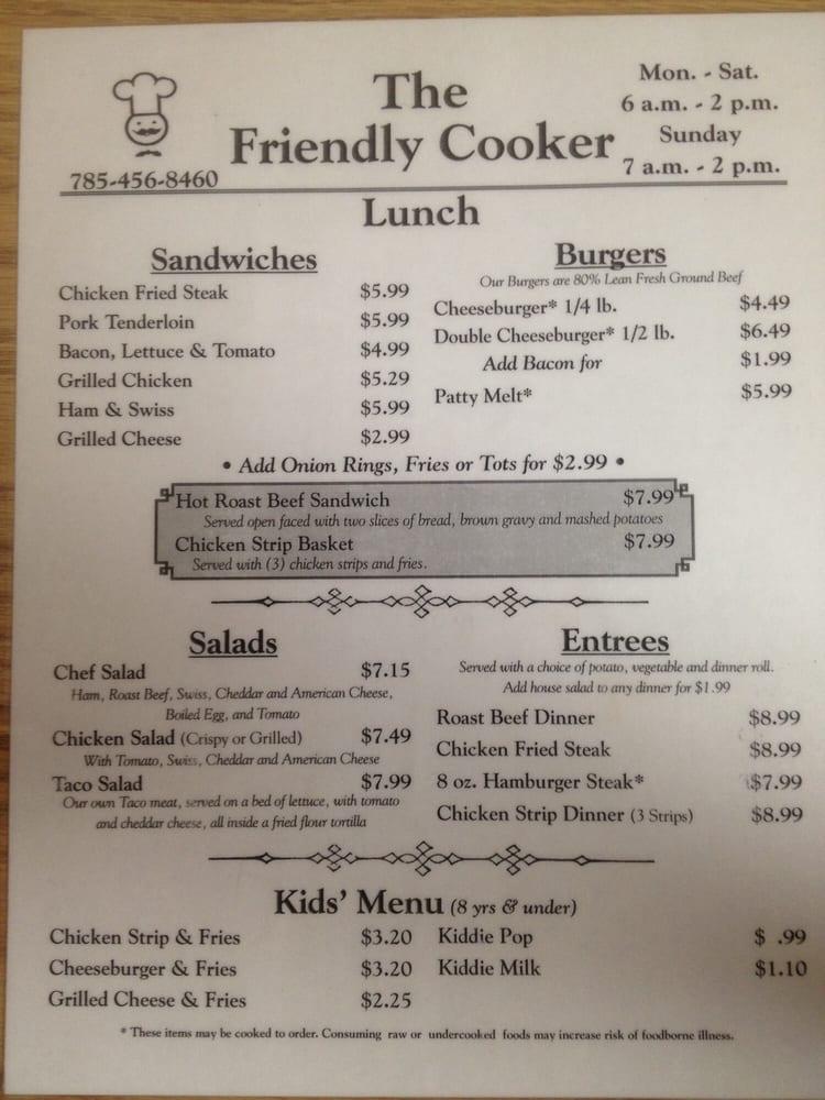 Menu at Friendly Cooker restaurant, Wamego