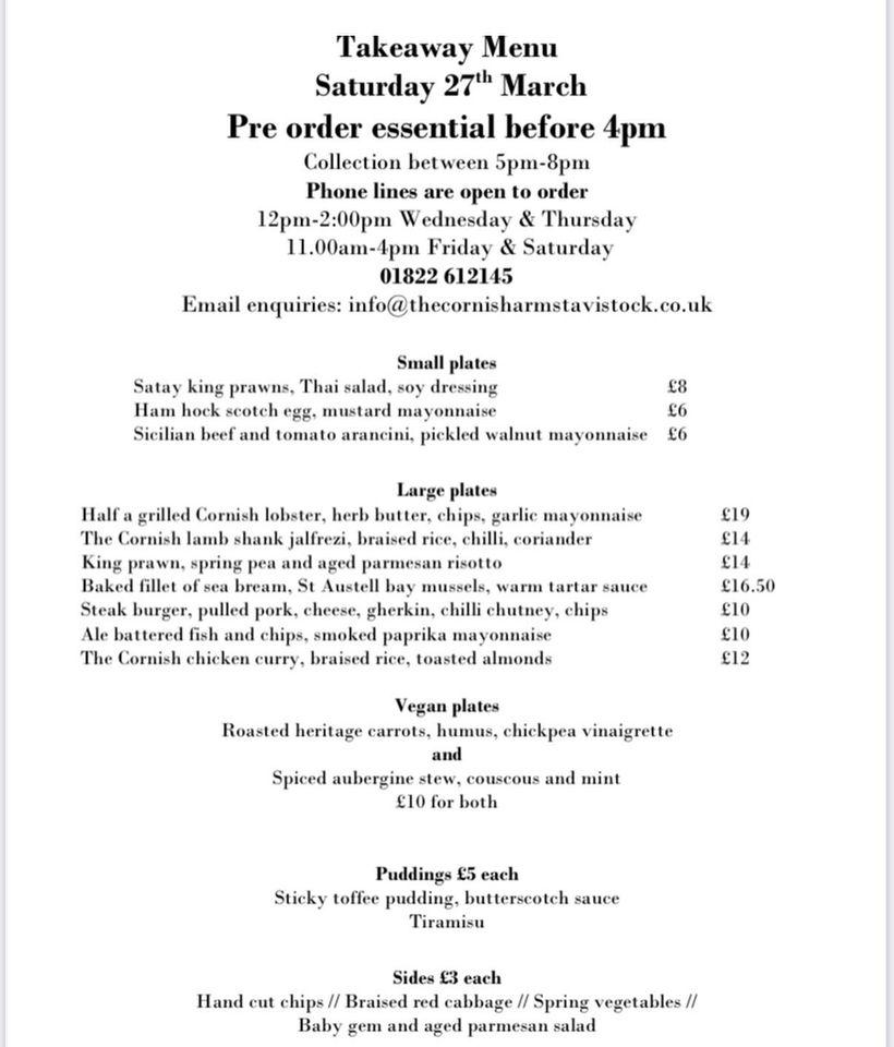 Menu at The Cornish Arms pub & bar, Tavistock