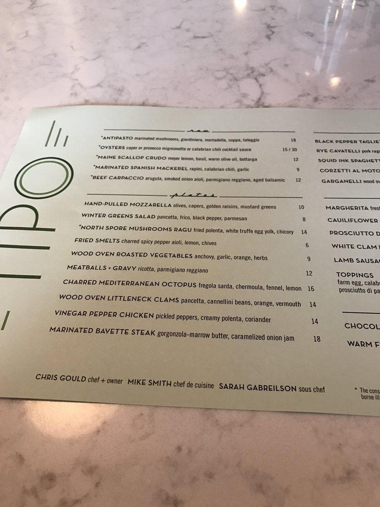 Menu at Tipo Restaurant, Portland