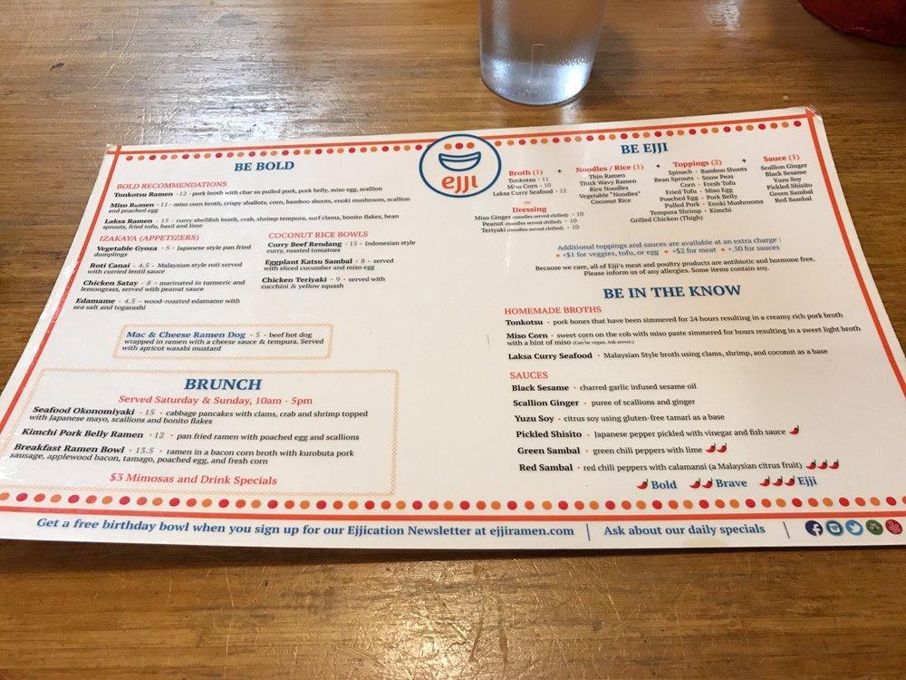 Menu at EJJI Ramen restaurant, Baltimore, 529 E Belvedere Ave