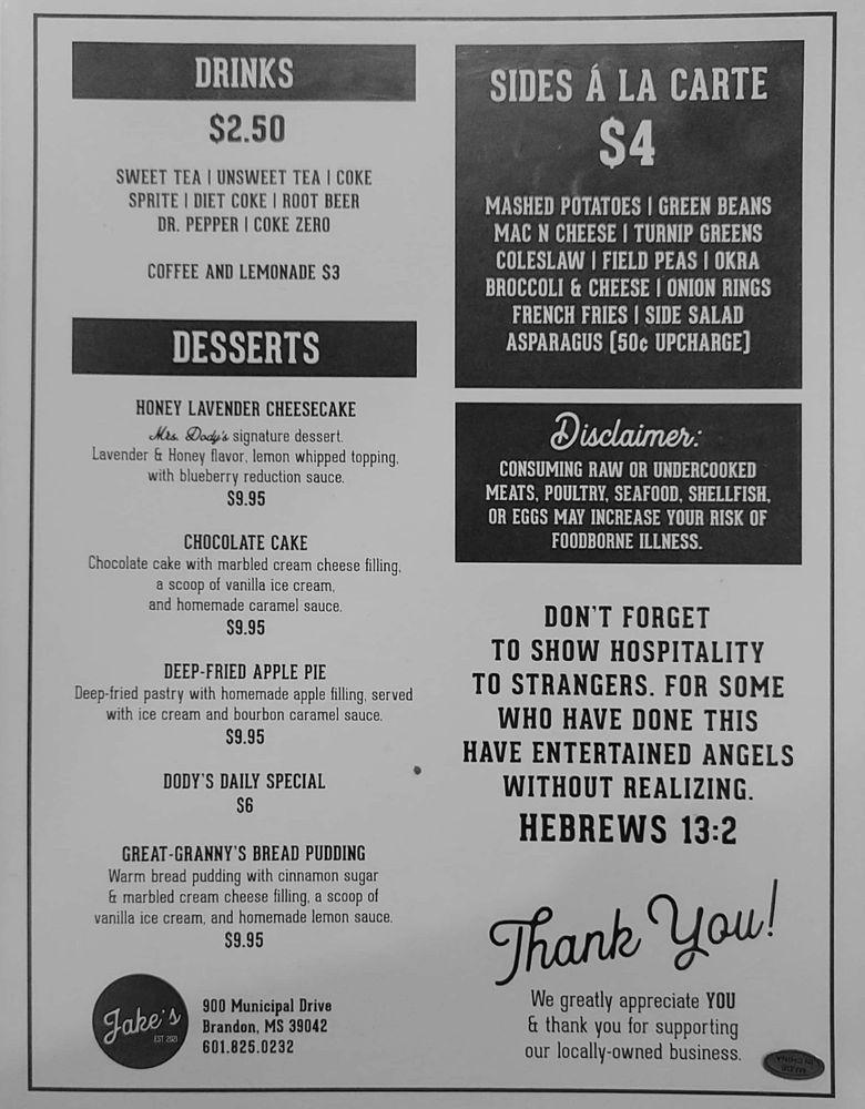 Menu at Jake’s restaurant, Brandon, 900 Municipal Dr