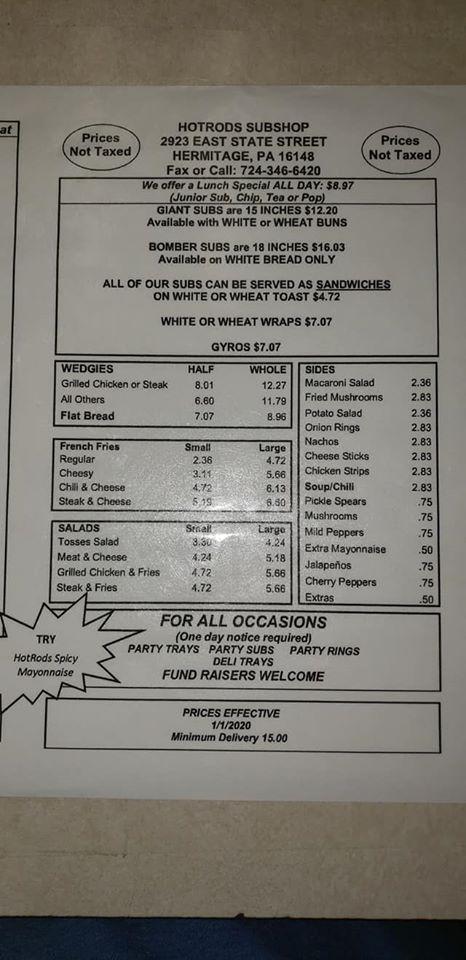 Menu at Hotrods Sub Shop restaurant, Hermitage