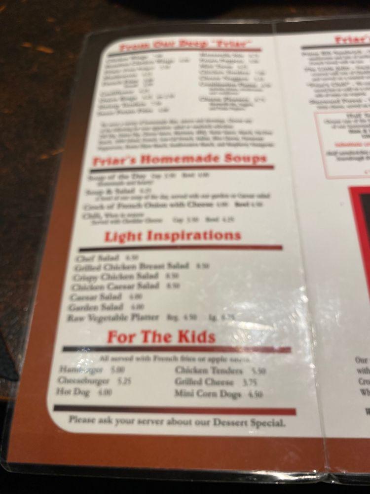 Menu at Friar Tuck's restaurant, Oshkosh