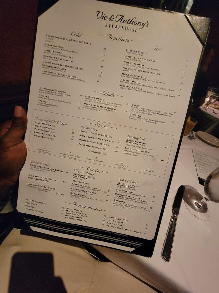 Menu at Vic & Anthony's Steakhouse, Atlantic City, 600 Huron Ave