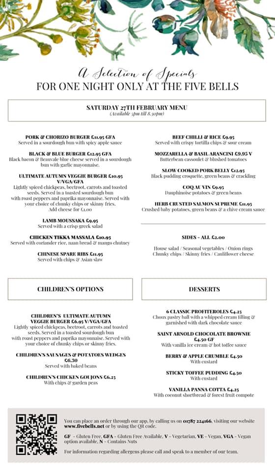 Menu at Five Bells - Colne Engaine pub & bar, Earls Colne