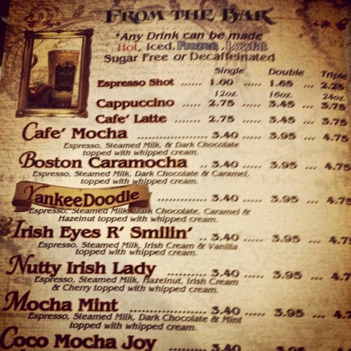 Carta del café Boston Coffeehouse, DeLand