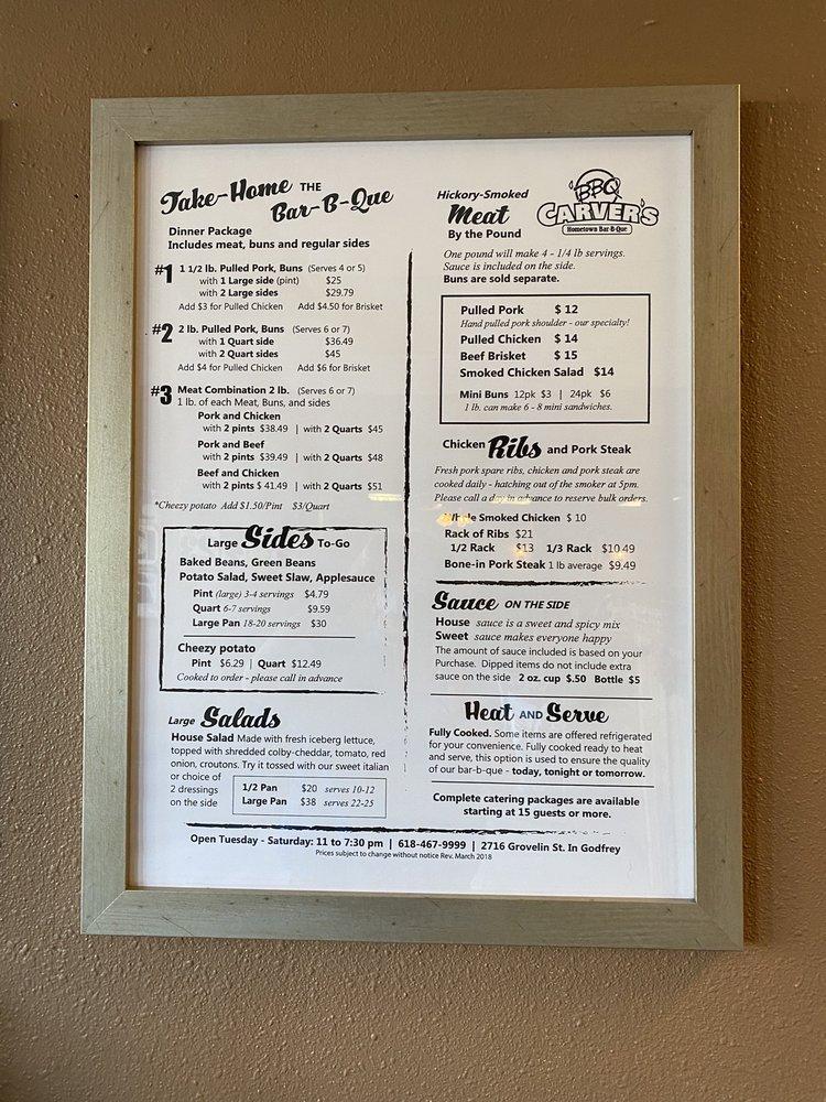 Menu at Carver’s BBQ, Godfrey